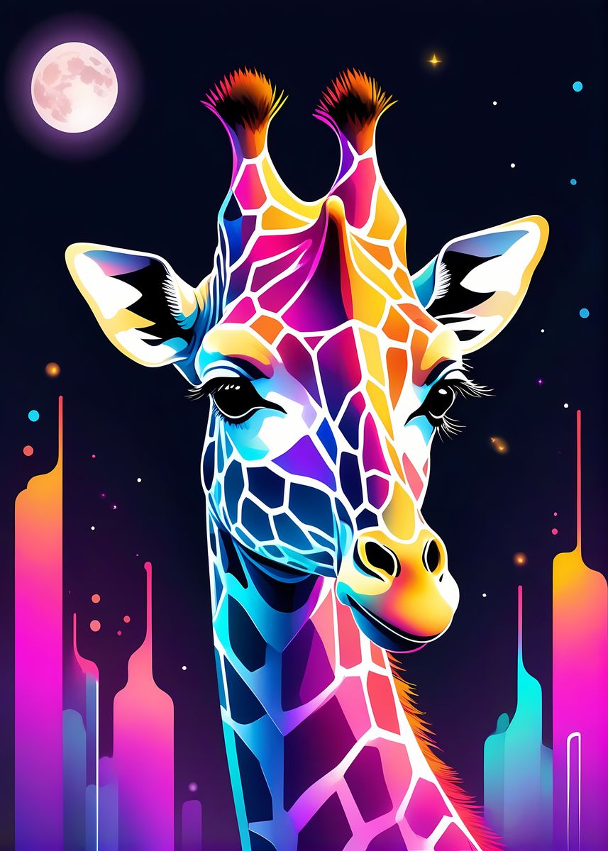 'Giraffe Neon Colorful ' Poster, picture, metal print, paint by ...