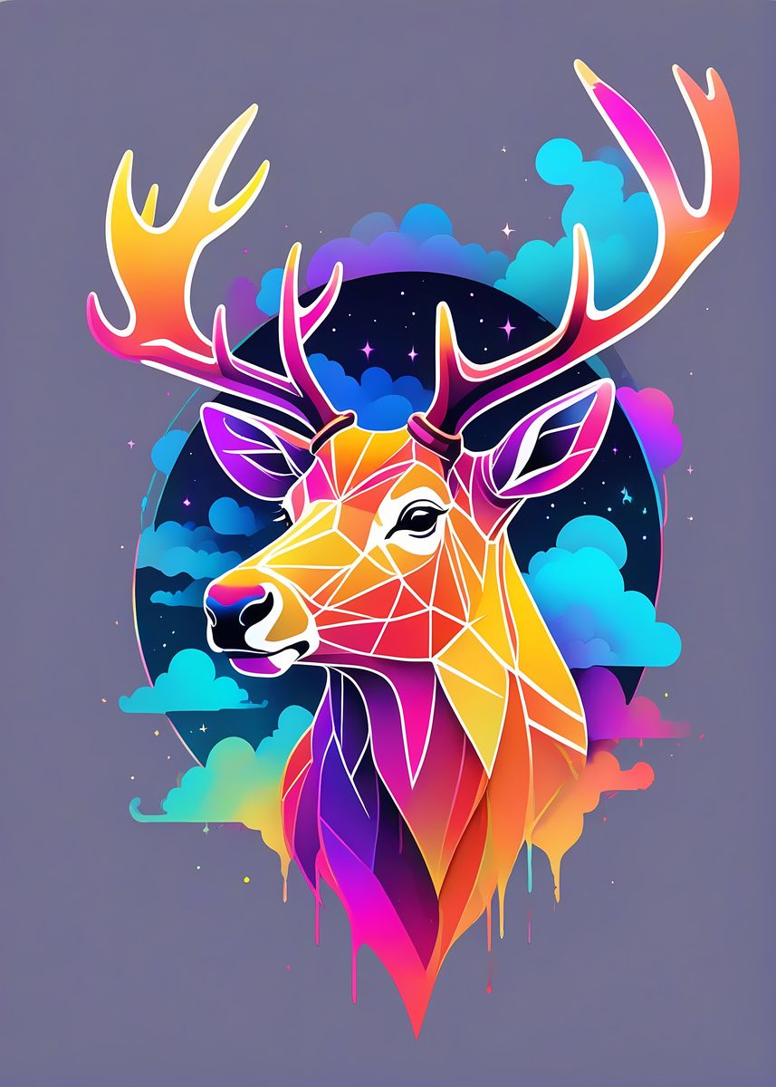 'Elk Neon Colorful ' Poster, picture, metal print, paint by Gangster ...