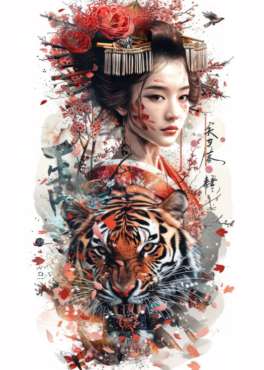 'Geisha with a tiger' Poster, picture, metal print, paint by Japanese ...