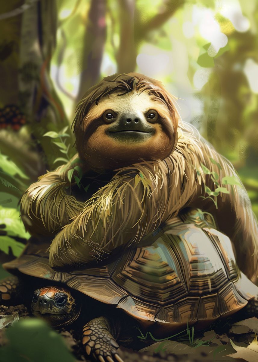 'Sloth Chilling Turtle Back' Poster, picture, metal print, paint by ...