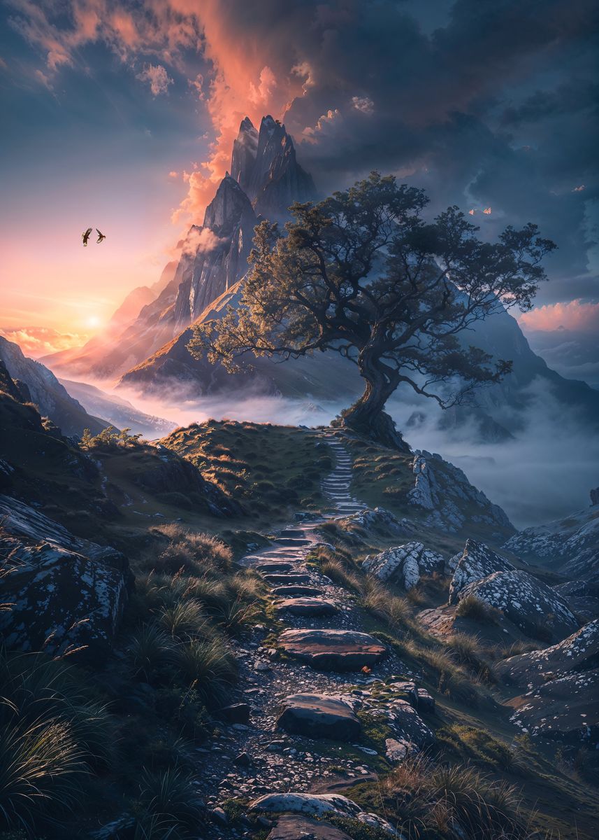 'Sunset Summit Pathway' Poster, picture, metal print, paint by ...