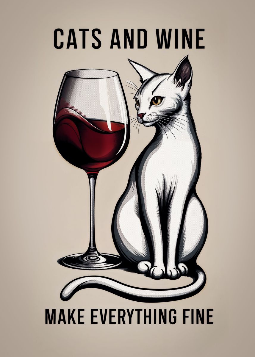 'Cats And Wine' Poster, picture, metal print, paint by Bruno Macedo | Displate