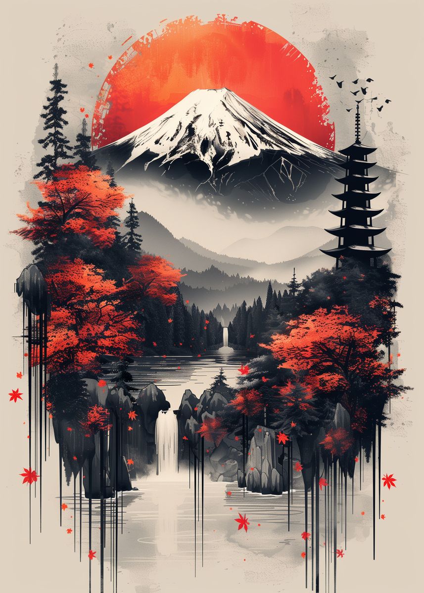 'Vintage Asian Landscape' Poster, picture, metal print, paint by ...