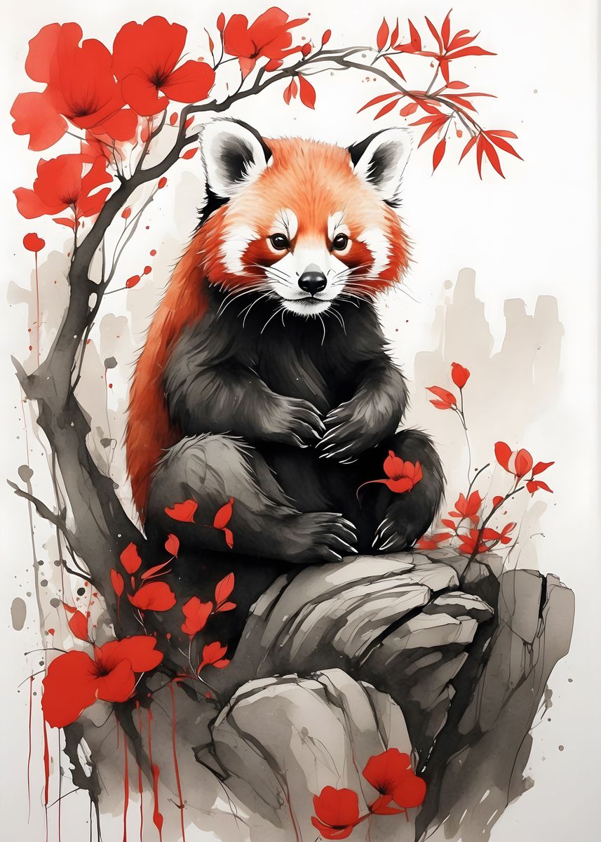 'Red Panda Japan Ink Art' Poster, picture, metal print, paint by Xăm ...