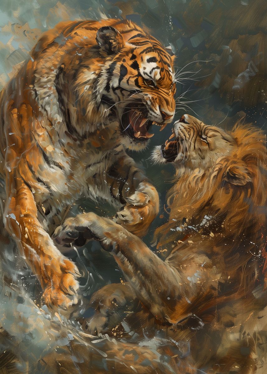 'Tiger VS Lion Fighting Art' Poster, picture, metal print, paint by ...