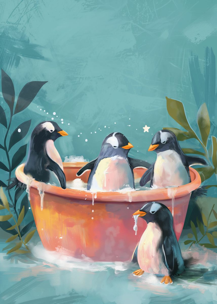 'Penguins Washing Bathtub' Poster, picture, metal print, paint by Zenz ...