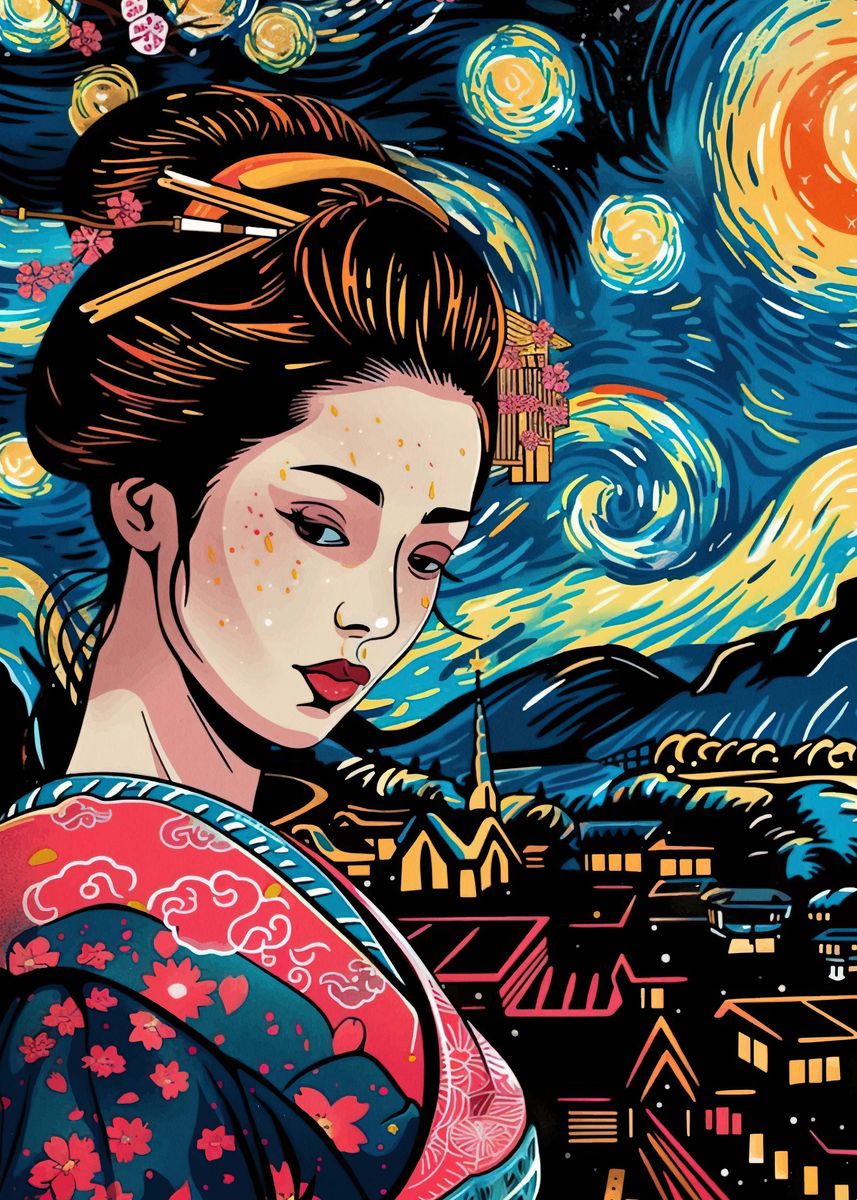 'Geisha Japan Van Gogh' Poster, picture, metal print, paint by Raheem ...