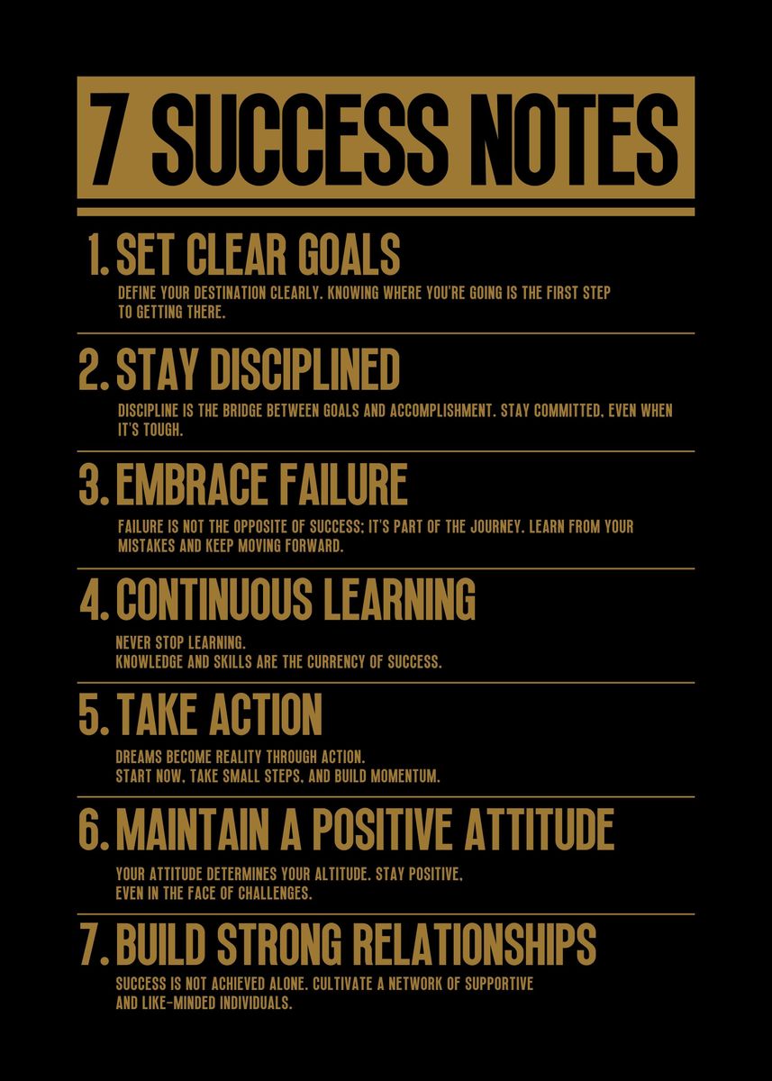'7 Success Notes' Poster, picture, metal print, paint by Nae | Displate