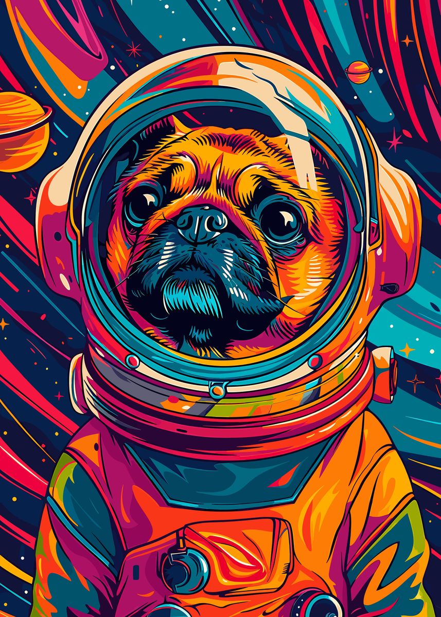 'Astronaut Pug Space Animal' Poster, picture, metal print, paint by ...