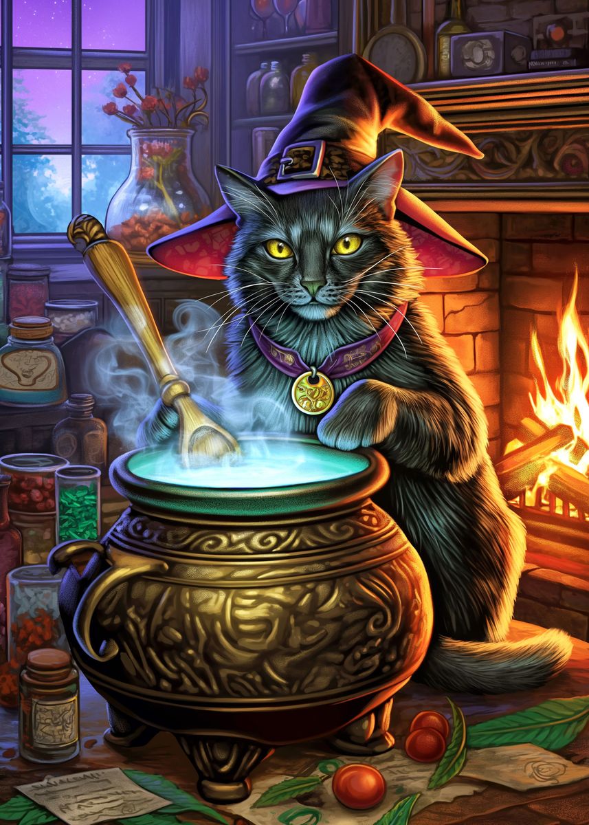 'Witch Cat Cauldron' Poster, picture, metal print, paint by Elysian ...