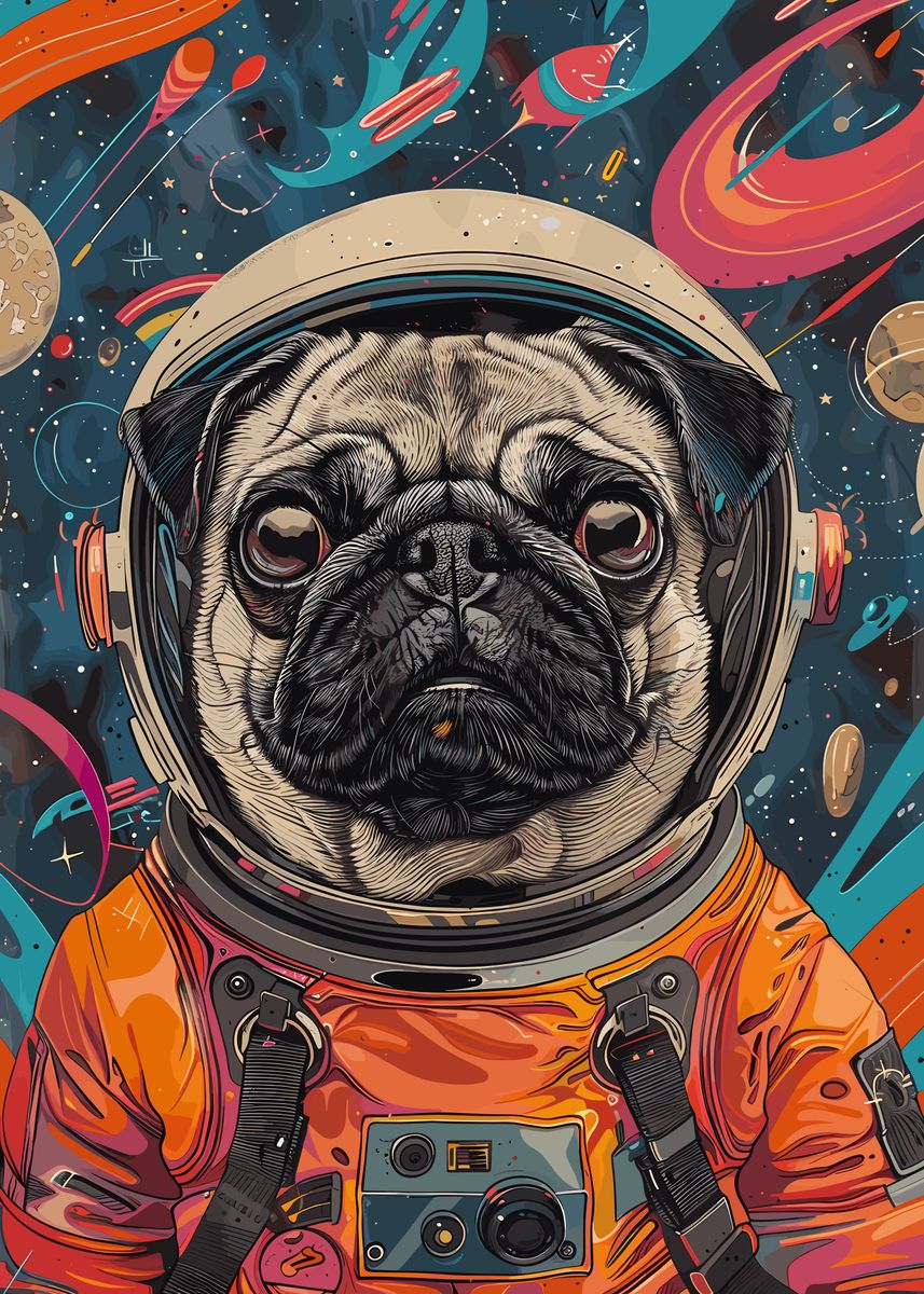 'Animal Pug Astronaut Space' Poster, picture, metal print, paint by ...
