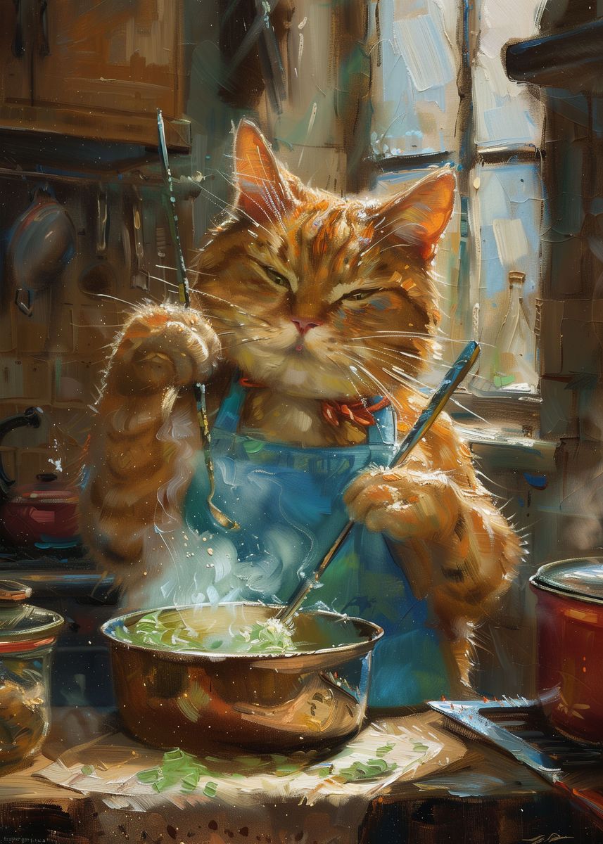 'Orange Tabby Cat Cooking' Poster, picture, metal print, paint by Zenz ...