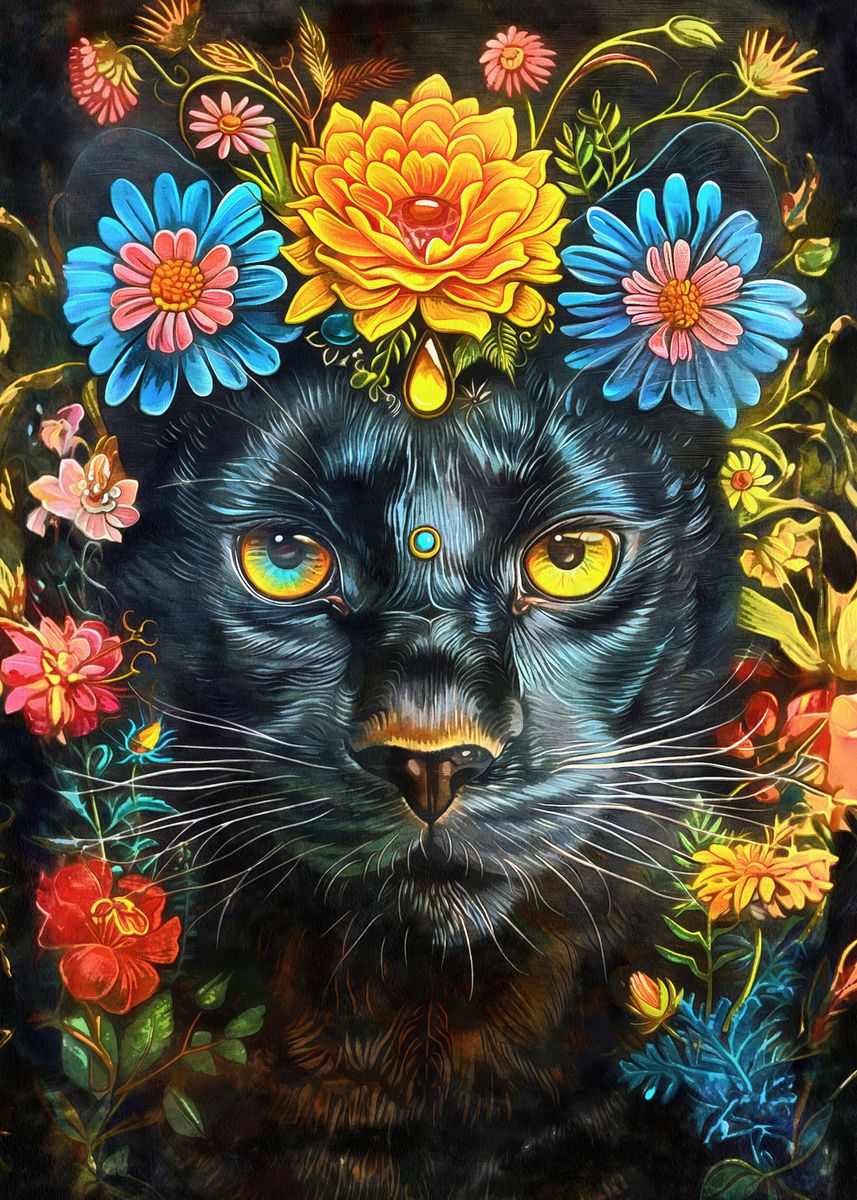 'Panther with flowers' Poster, picture, metal print, paint by ...