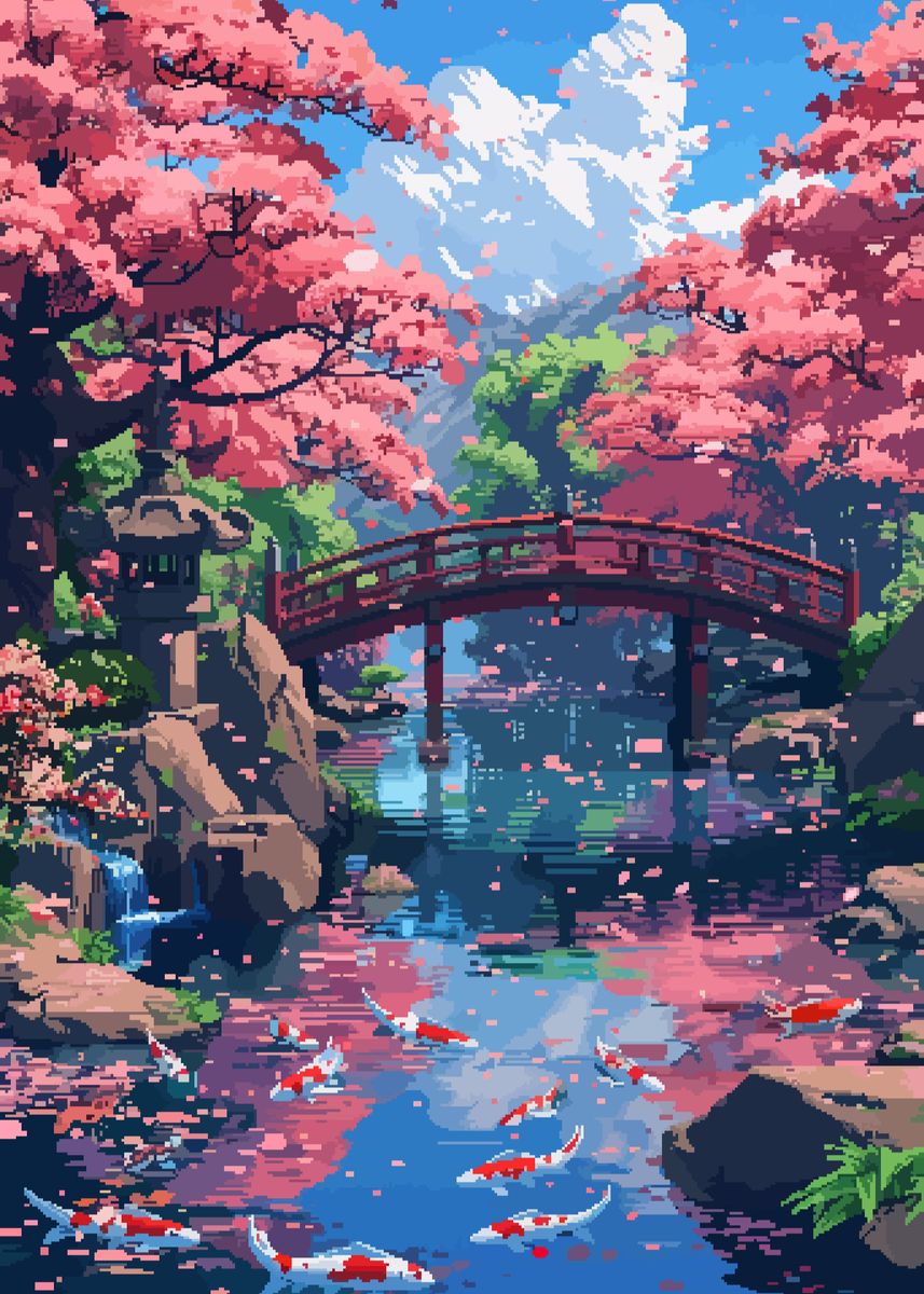 'Japanese Garden Pixel Art' Poster, picture, metal print, paint by ...