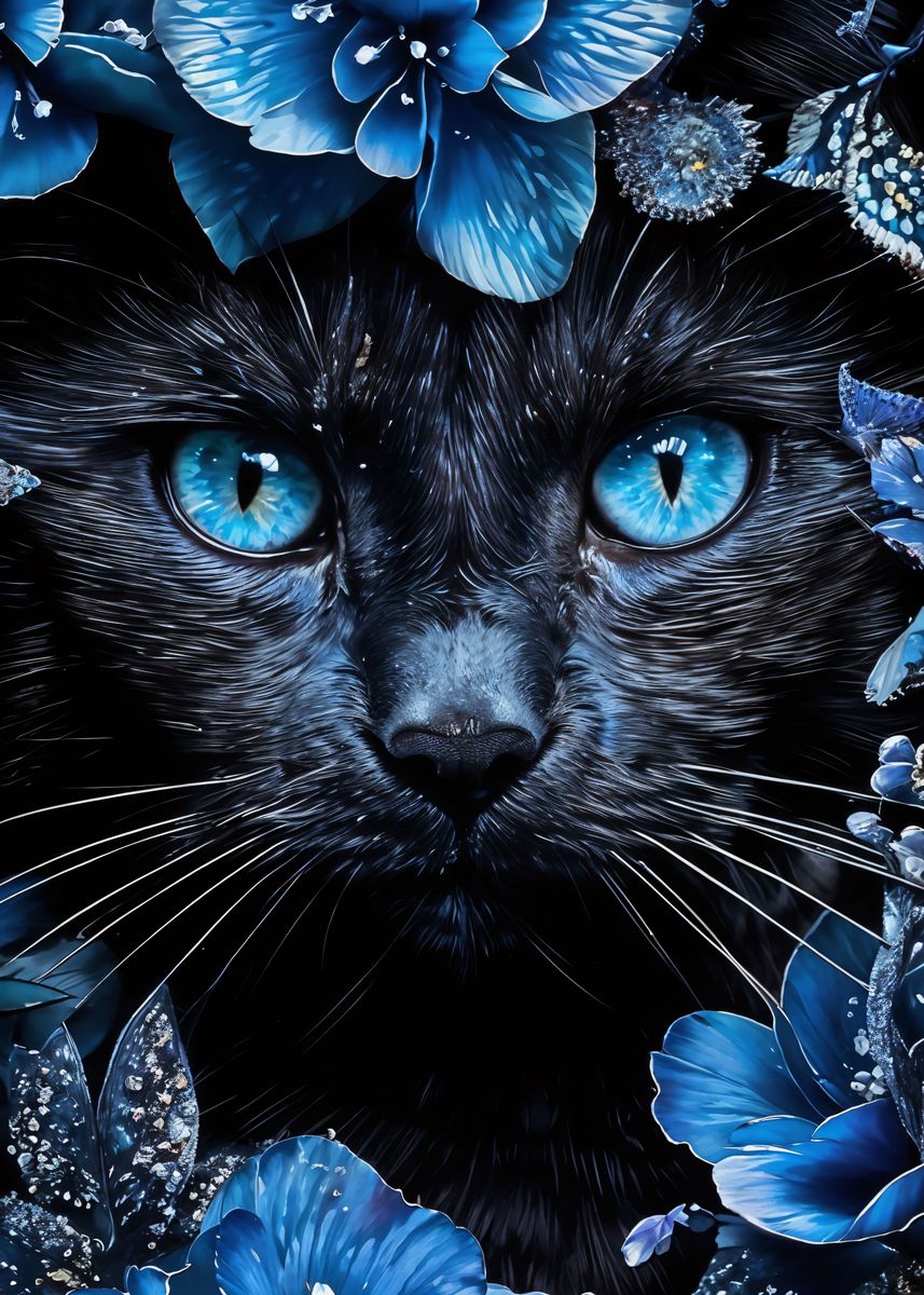 'Black cat in blue flowers' Poster, picture, metal print, paint by By ...
