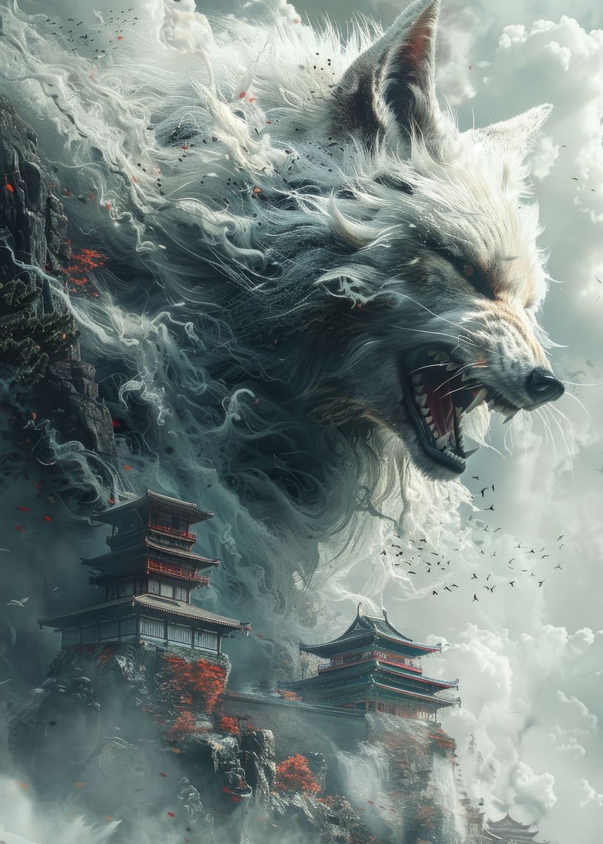 'White Fox Chinese Temples' Poster, picture, metal print, paint by ...