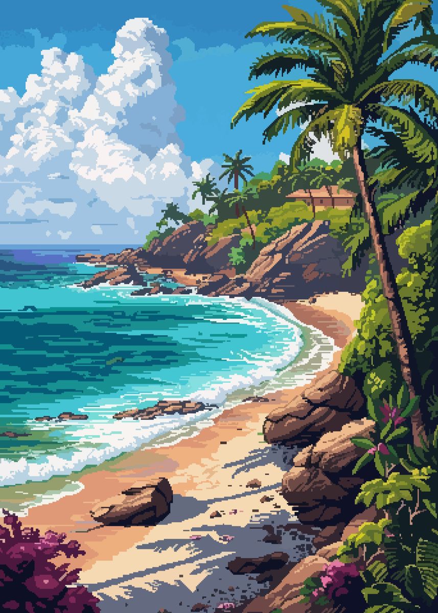 'Caribbean Beach Pixel Art' Poster, picture, metal print, paint by ...