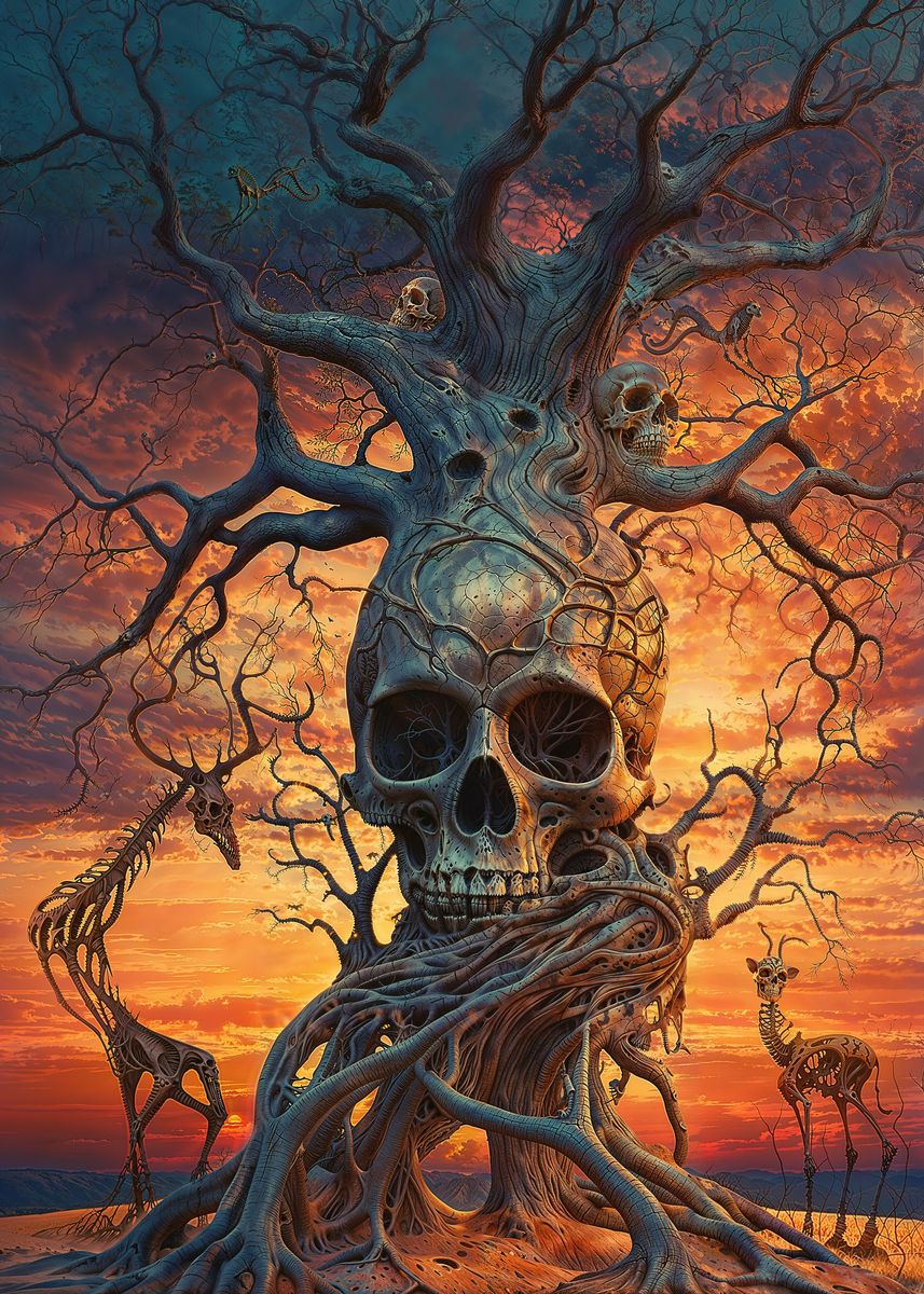 'Surreal Tree Roots Skull ' Poster, picture, metal print, paint by ...