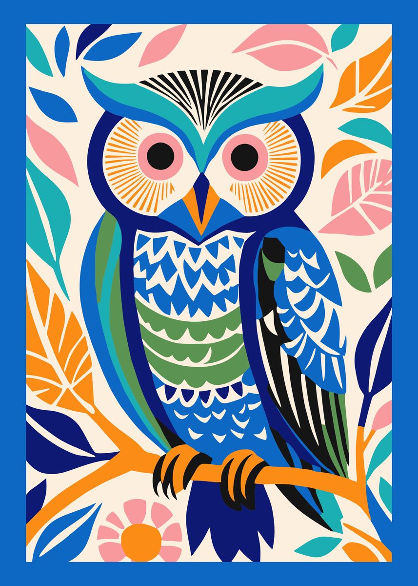 'Blue Wild Cute Owl' Poster, picture, metal print, paint by HyggeStudio ...