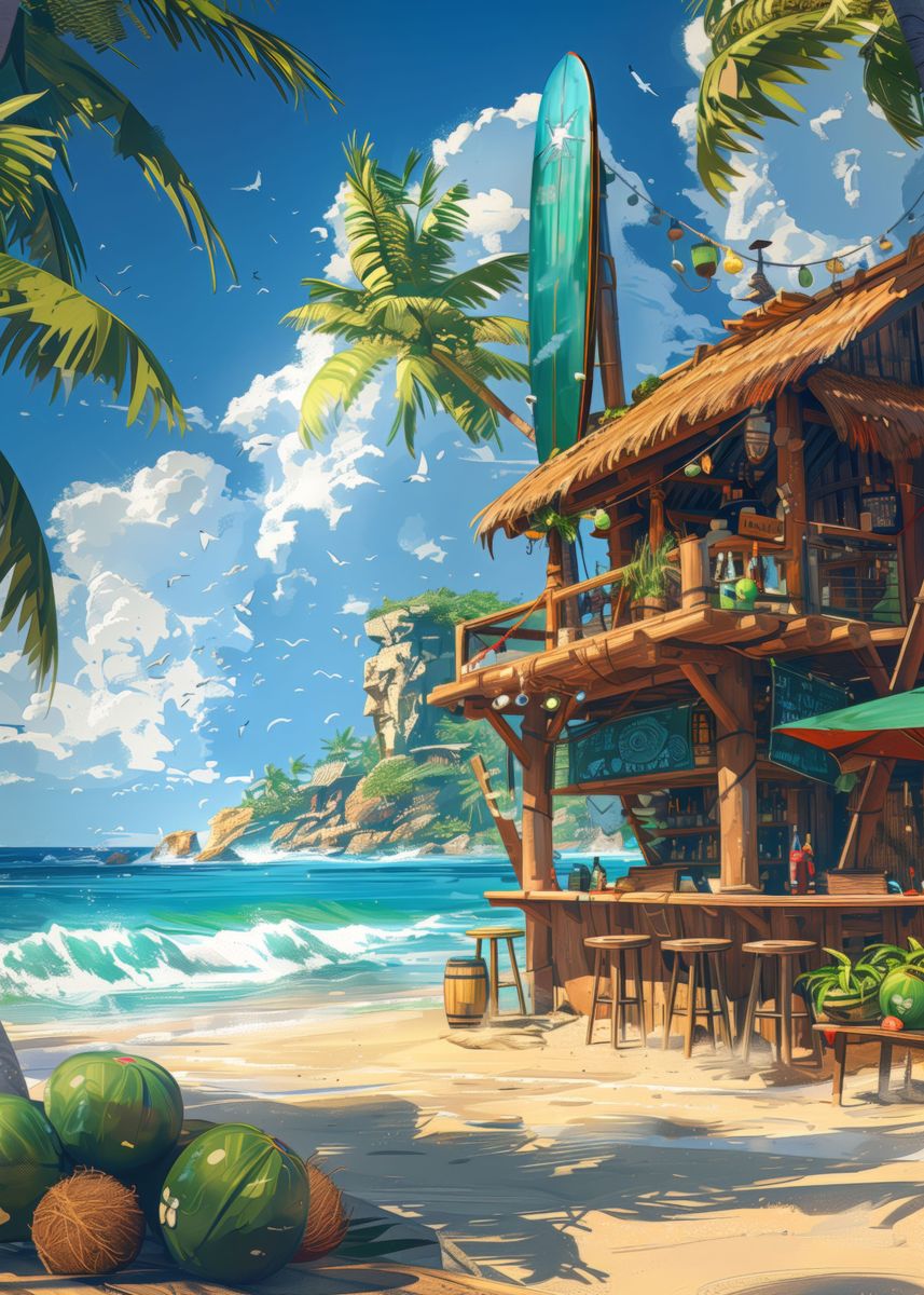 'Tropical Beach Bar ' Poster, picture, metal print, paint by Hristiyana ...