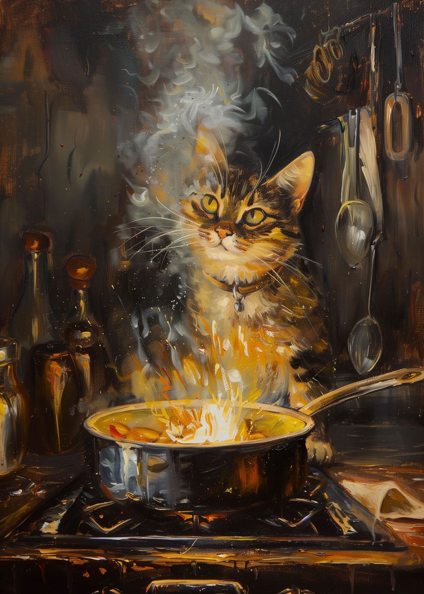 'Cat in Kitchen Painting' Poster, picture, metal print, paint by Zenz ...