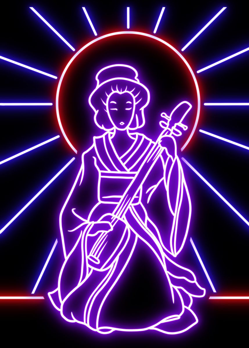 'neon geisha play guitar' Poster, picture, metal print, paint by ...