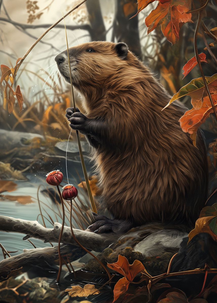 'Funny Beaver Catching Fish' Poster, picture, metal print, paint by ...