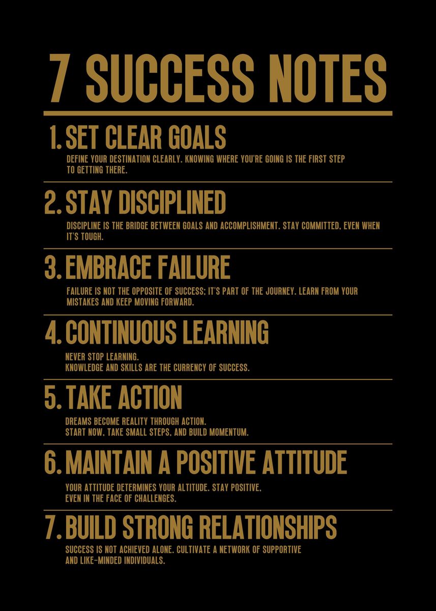 '7 Success Notes' Poster, picture, metal print, paint by Nae | Displate