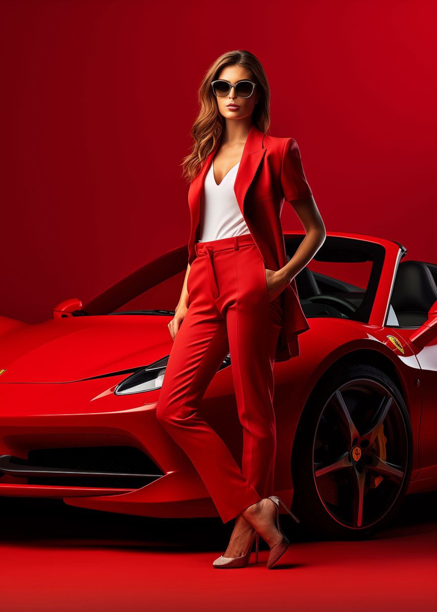 'Lady in Red Ferrari car' Poster, picture, metal print, paint by Roman ...