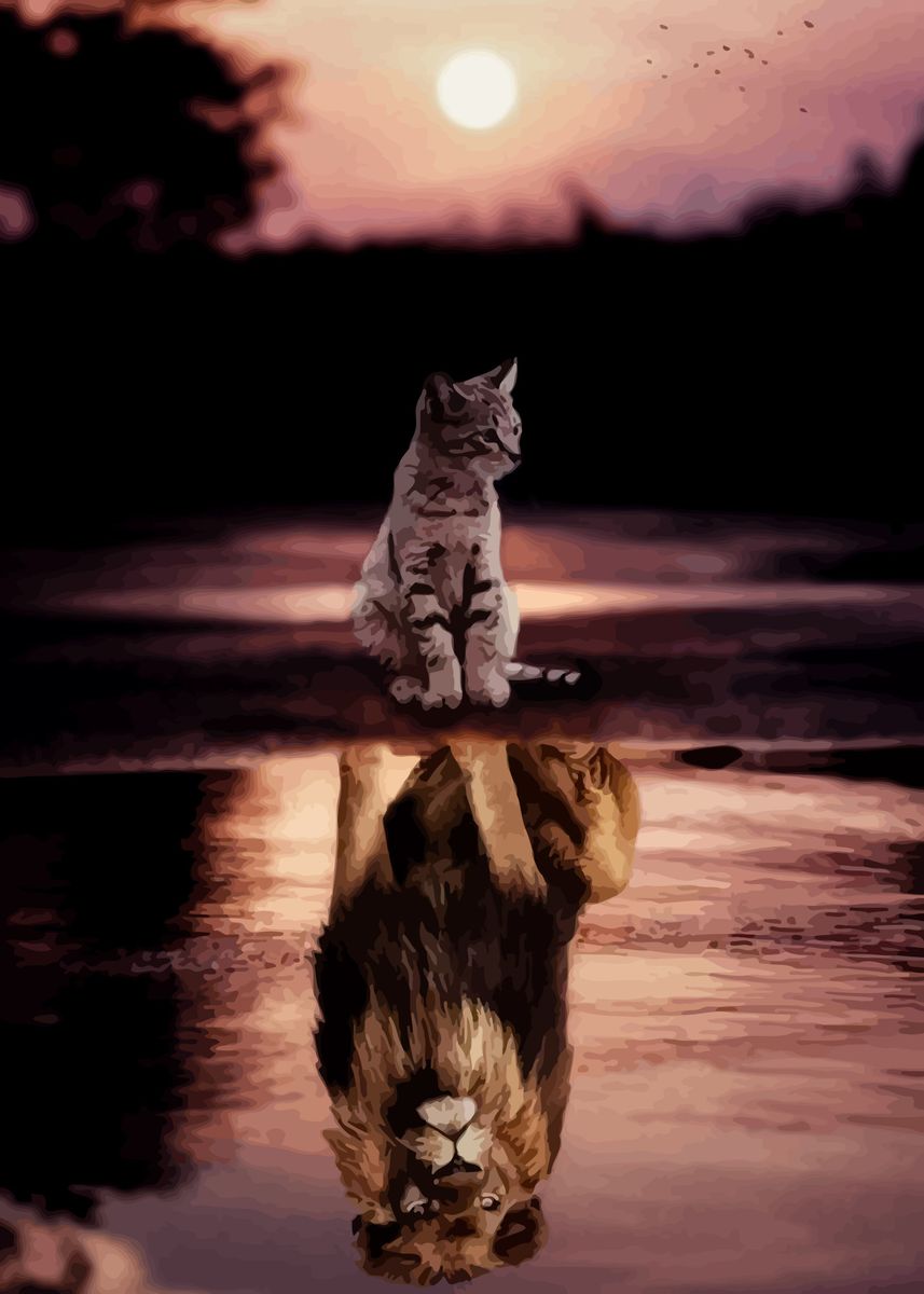 'Cat Reflection Lion' Poster, picture, metal print, paint by Avoudyn ...