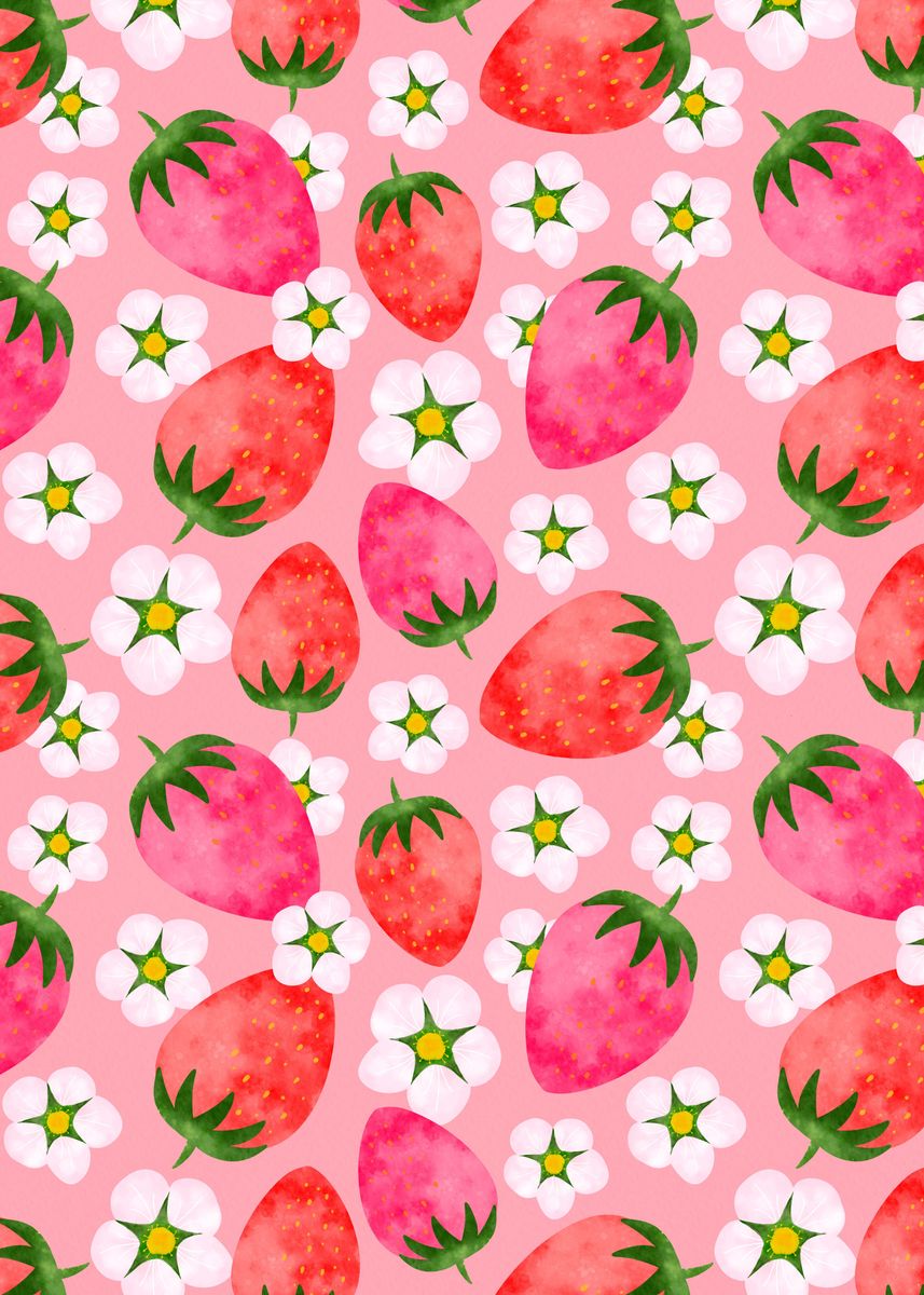 'Strawberries and flowers' Poster, picture, metal print, paint by ...