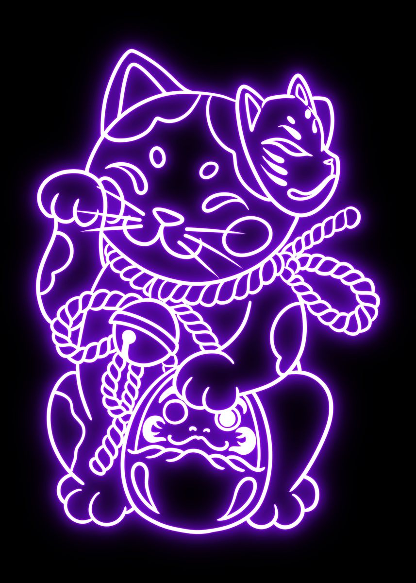 'neon maneki neko cat' Poster, picture, metal print, paint by Pegasus ...