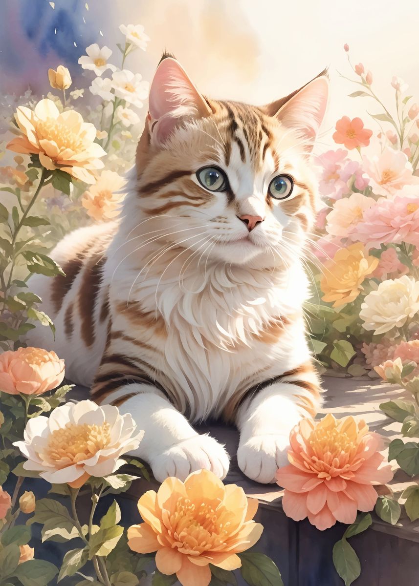 'Cat and flower ' Poster, picture, metal print, paint by MICHELLE ...