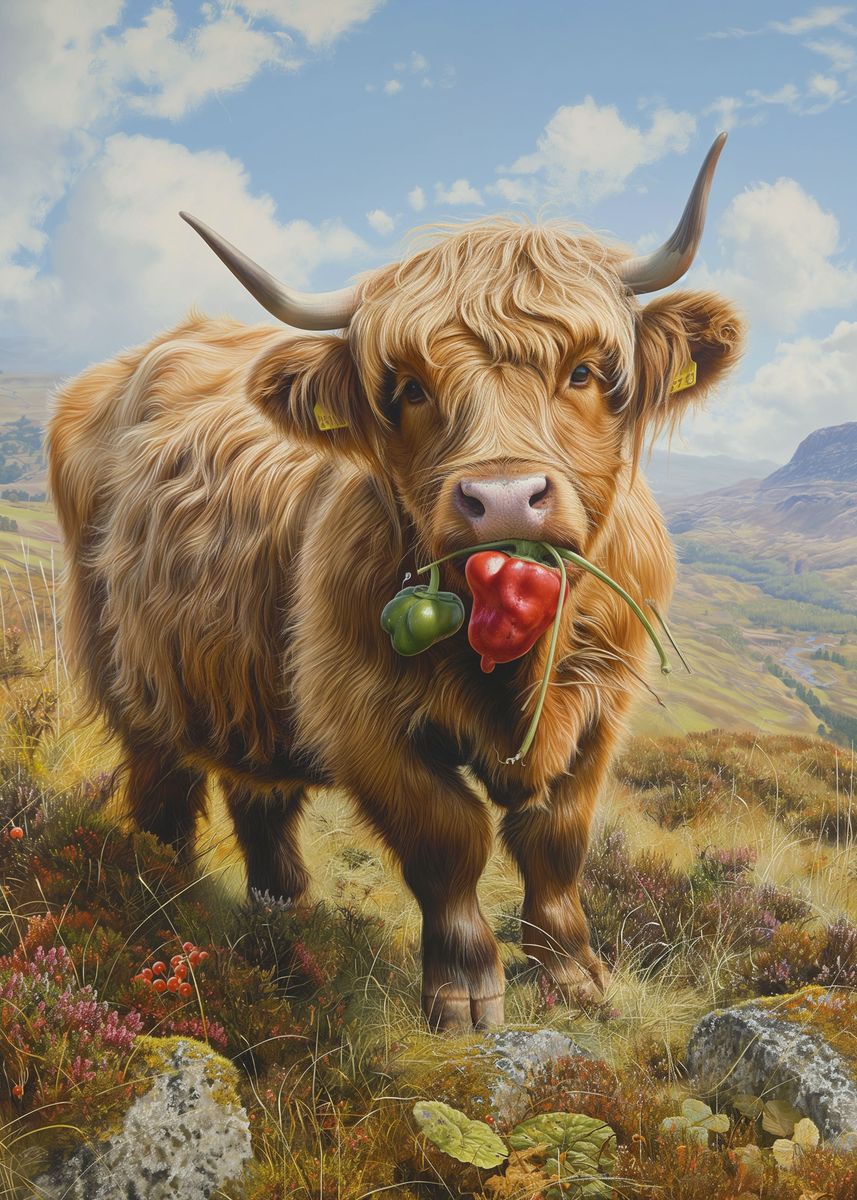 'Highland Cow Pepper Land' Poster, picture, metal print, paint by Zenz ...