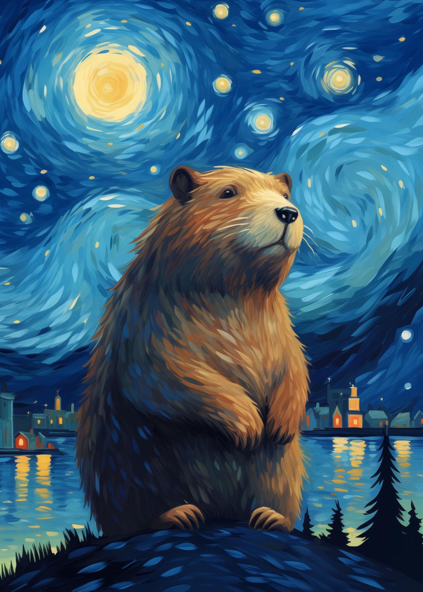 'Starry Night Capybara' Poster, picture, metal print, paint by Creative ...