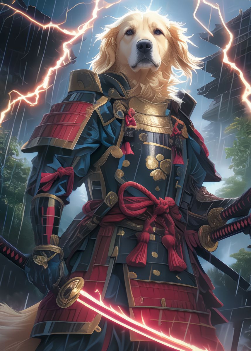 'Samurai Golden Retriever ' Poster, picture, metal print, paint by ...