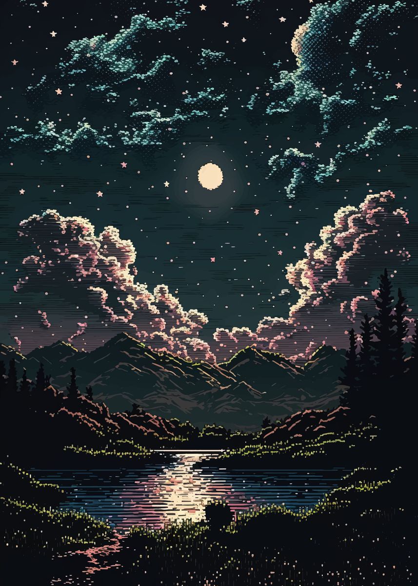 'Beautiful night pixel art' Poster, picture, metal print, paint by ...