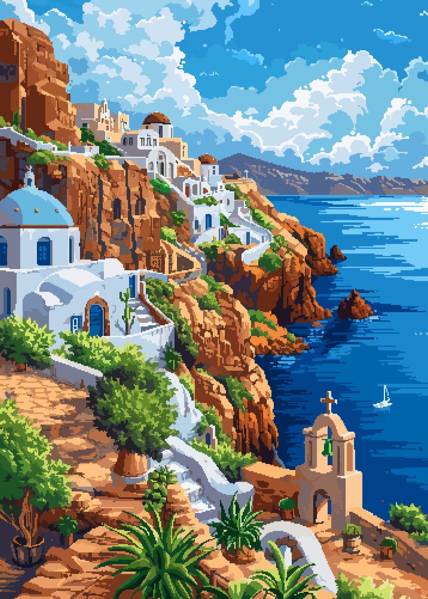 'Greece Santorini Pixel Art' Poster, picture, metal print, paint by ...