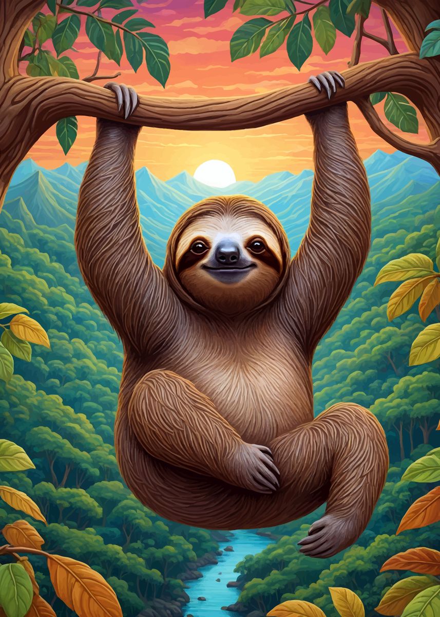 'Hanging Sloth' Poster, picture, metal print, paint by MIROKU | Displate