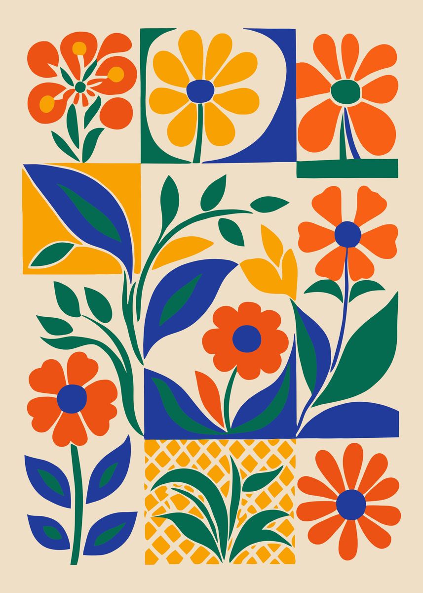 'Retro Flowers 60s' Poster, picture, metal print, paint by HyggeStudio ...