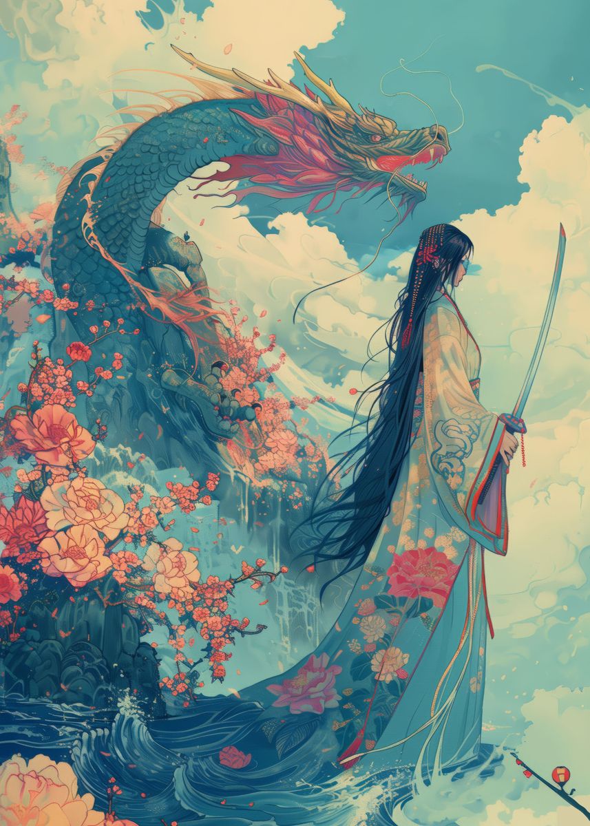 'Geisha Samurai Dragon' Poster, picture, metal print, paint by ...
