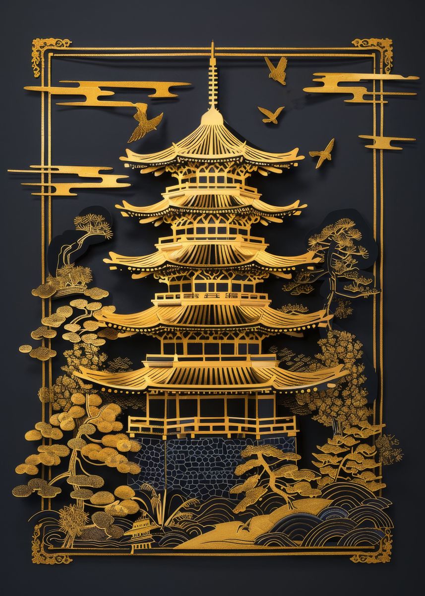 'Gold Temple Dojo' Poster, picture, metal print, paint by Kai Tanaka ...