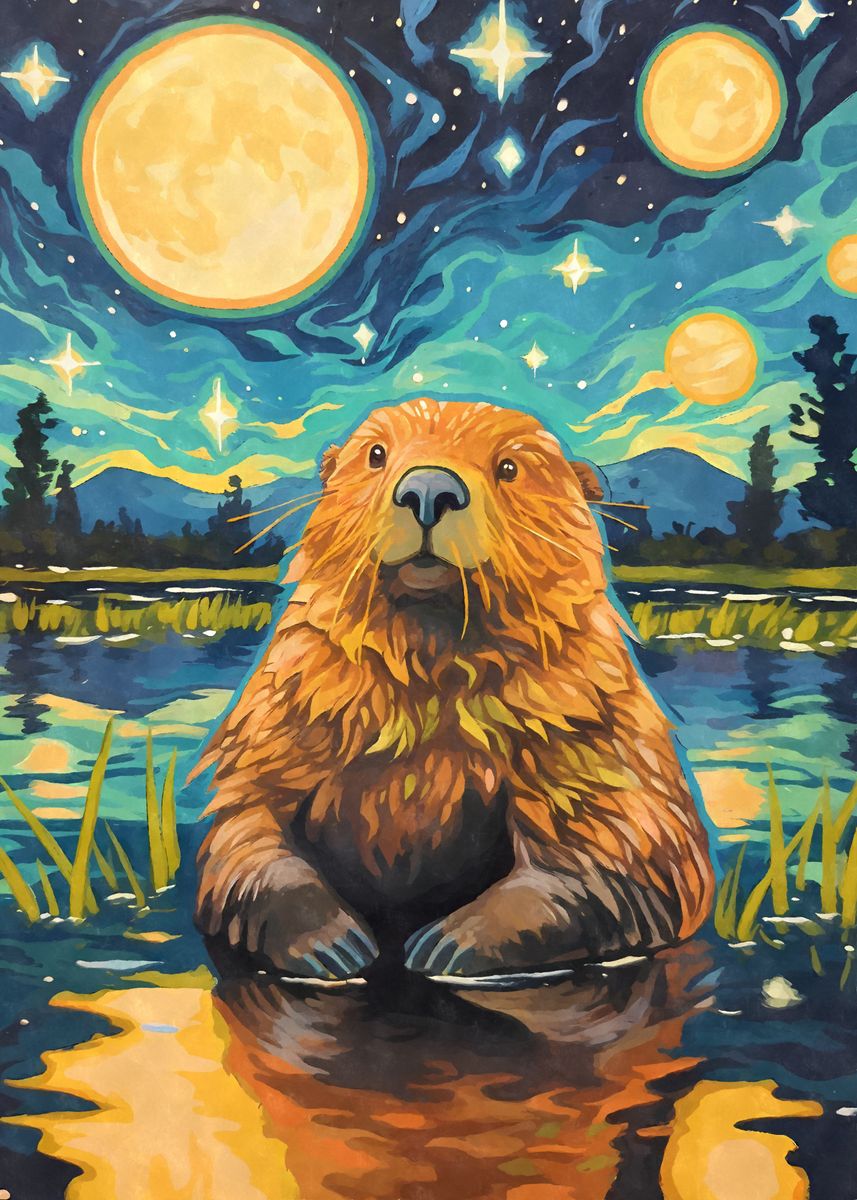 'Cute Beaver Starry Night' Poster, picture, metal print, paint by ...