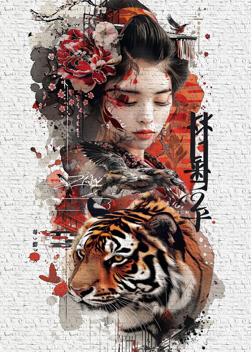 'Geisha with a tiger' Poster, picture, metal print, paint by Japanese ...