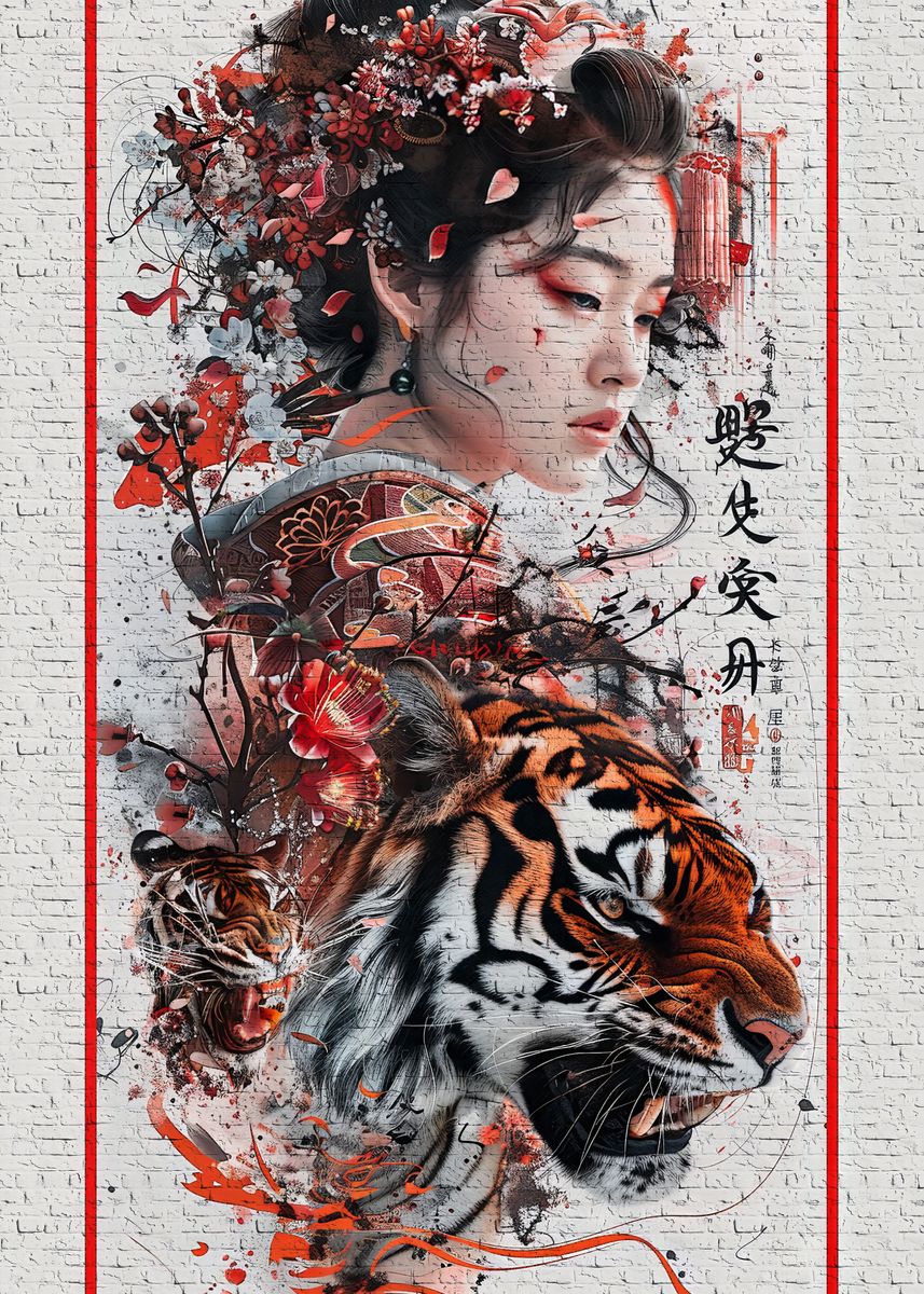 'Geisha with a tiger' Poster, picture, metal print, paint by Japanese ...