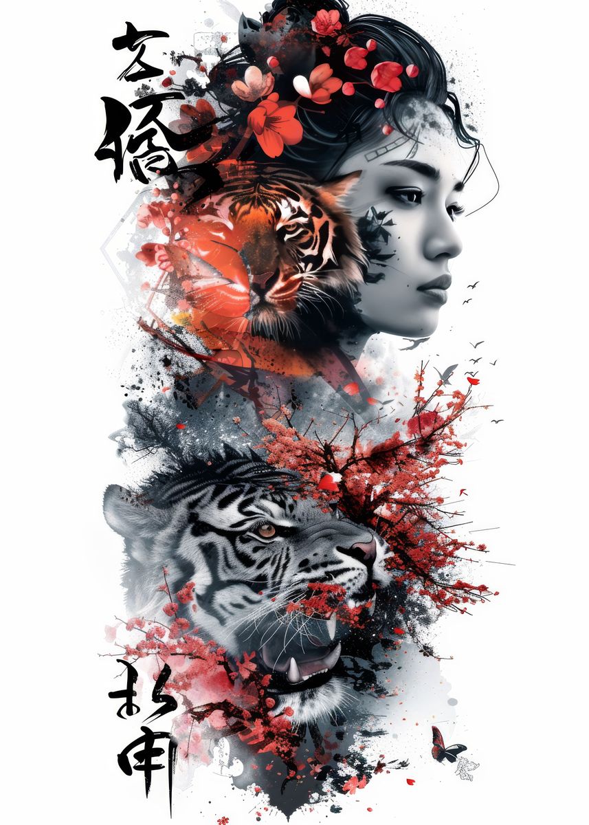 'Geisha with a tiger' Poster, picture, metal print, paint by Japanese ...