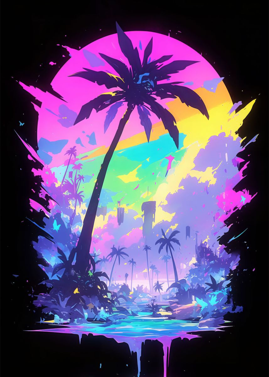 'Neon Tropical Oasis' Poster, picture, metal print, paint by Vizio | Displate
