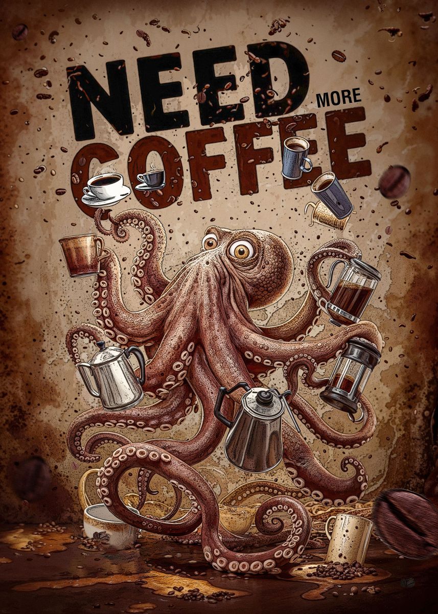 'Caffeinated Cephalopod' Poster, picture, metal print, paint by Bruno Macedo | Displate