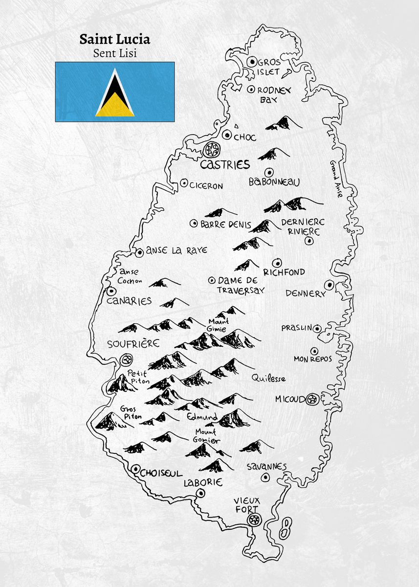 'Handdrawn Saint Lucia Map' Poster, picture, metal print, paint by ...