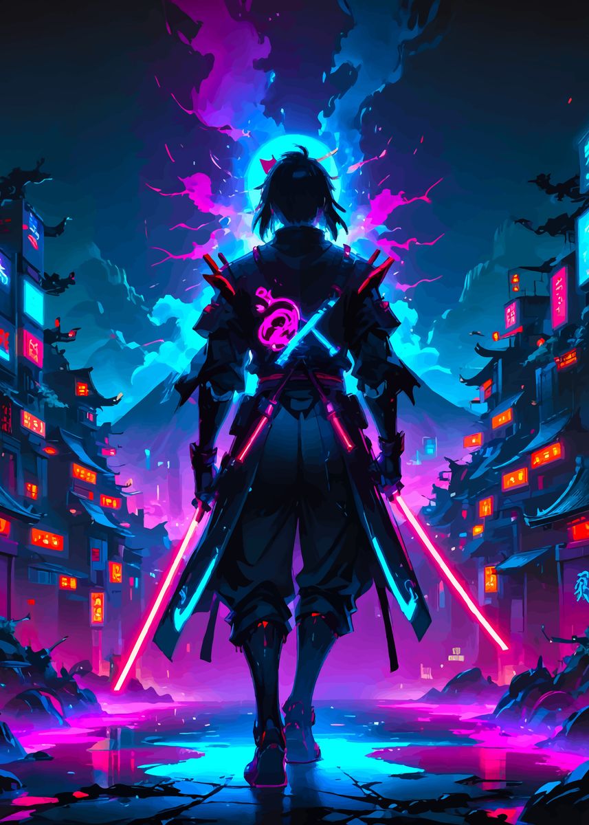 'Neon Samurai' Poster, picture, metal print, paint by MIROKU | Displate